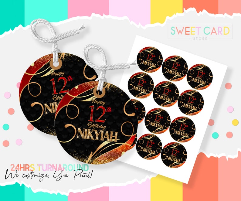 Red Gold Glitter Birthday Printable Favor Tags Elegant Red | Etsy