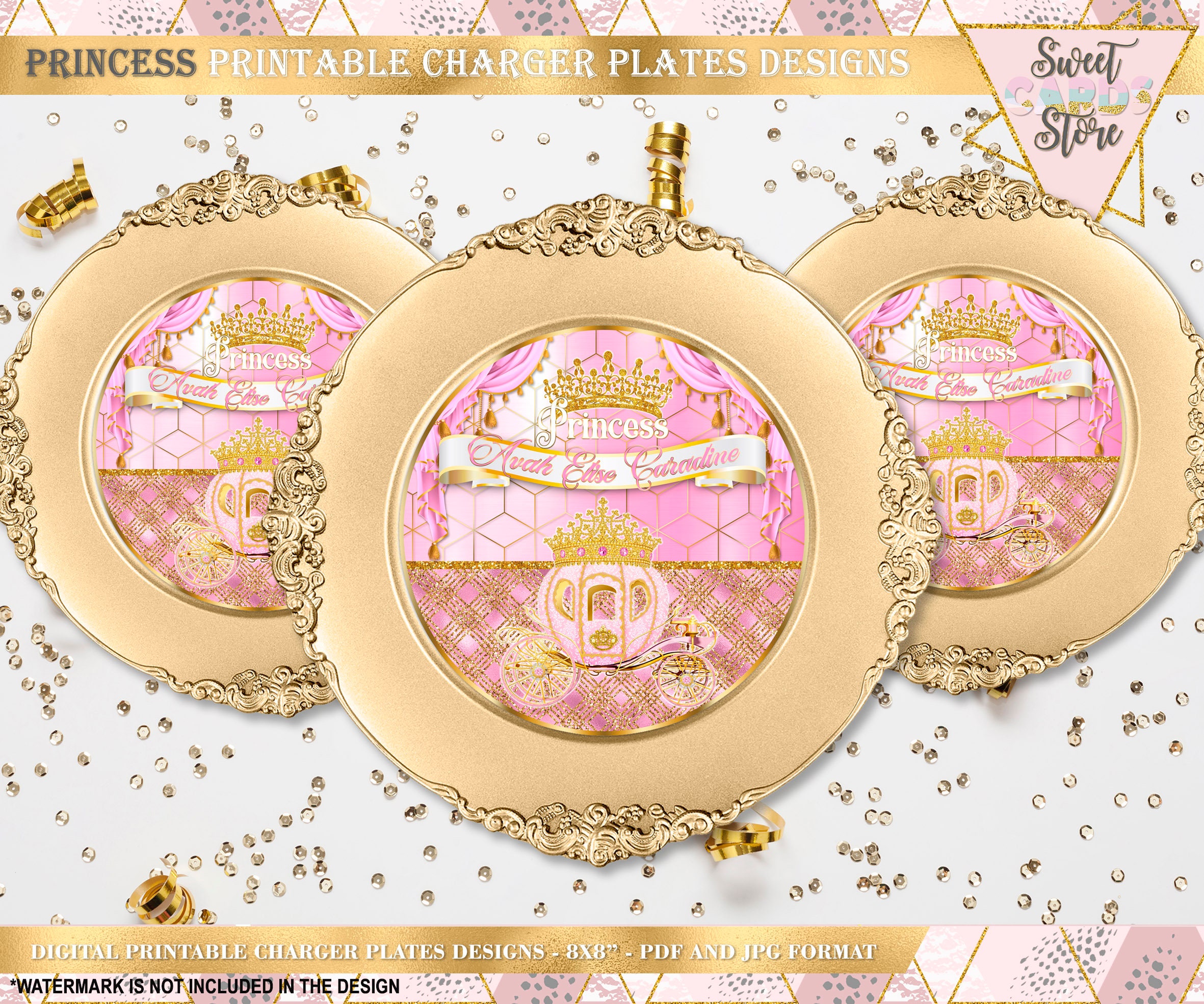 Princess Carriage Glitter Printable Charger Plate Inserts, Princess ...