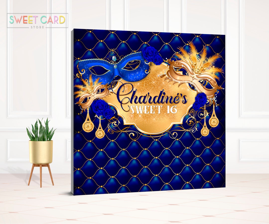 Masquerade Backdrop, Gold Blue Masquerade, Glitter Masquerade ...