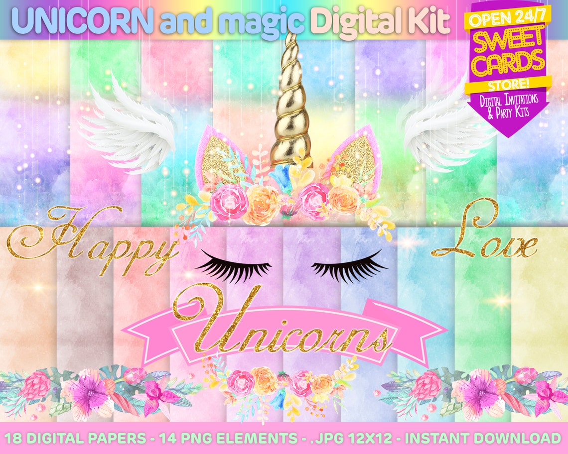 Unicorn and Magic Digital Kit Papers Kit Pattern | Etsy