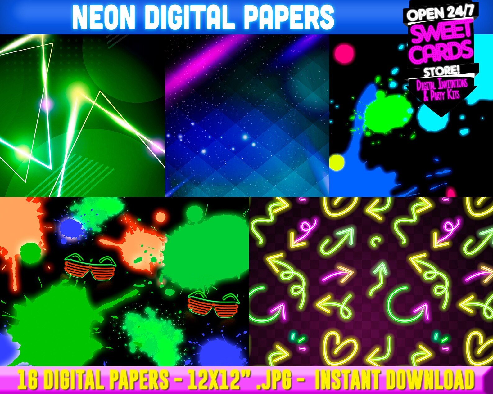 Neon Digital Papers Neon Pattern Background Light Splash - Etsy