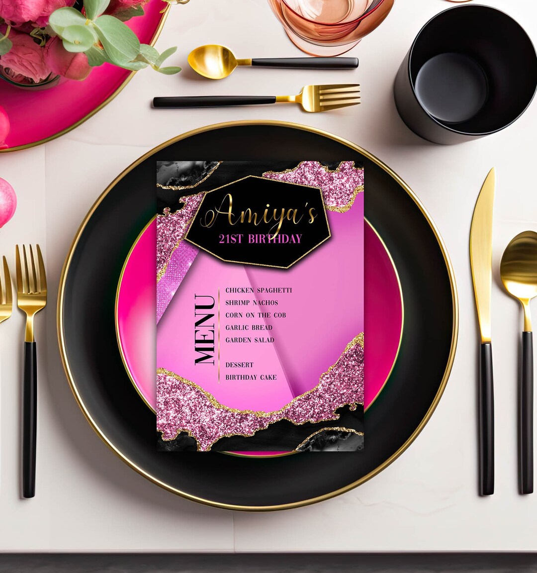 Shades of Pink Menu Editable Template Birthday Party Menu Insert Marble ...