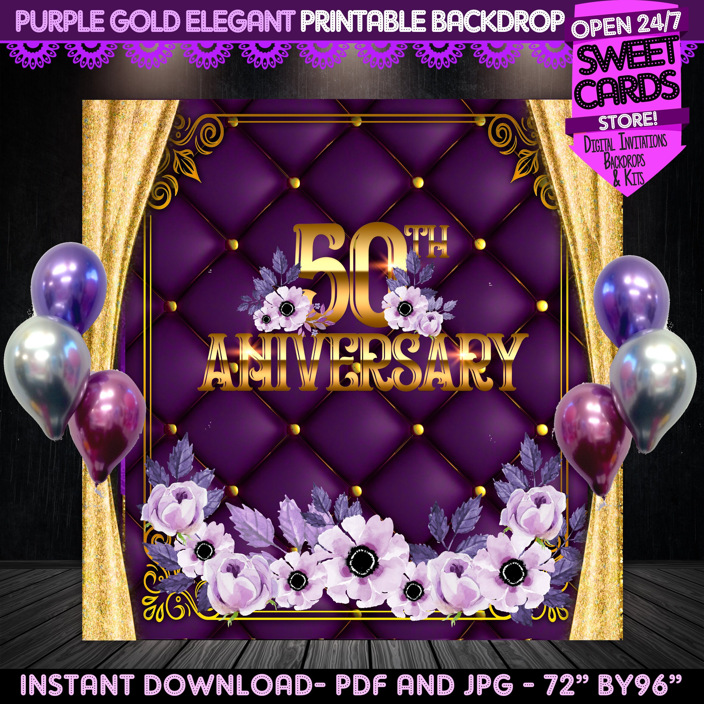 Purple and Gold Printable Backdrop 50th aniversary backdrop | Etsy