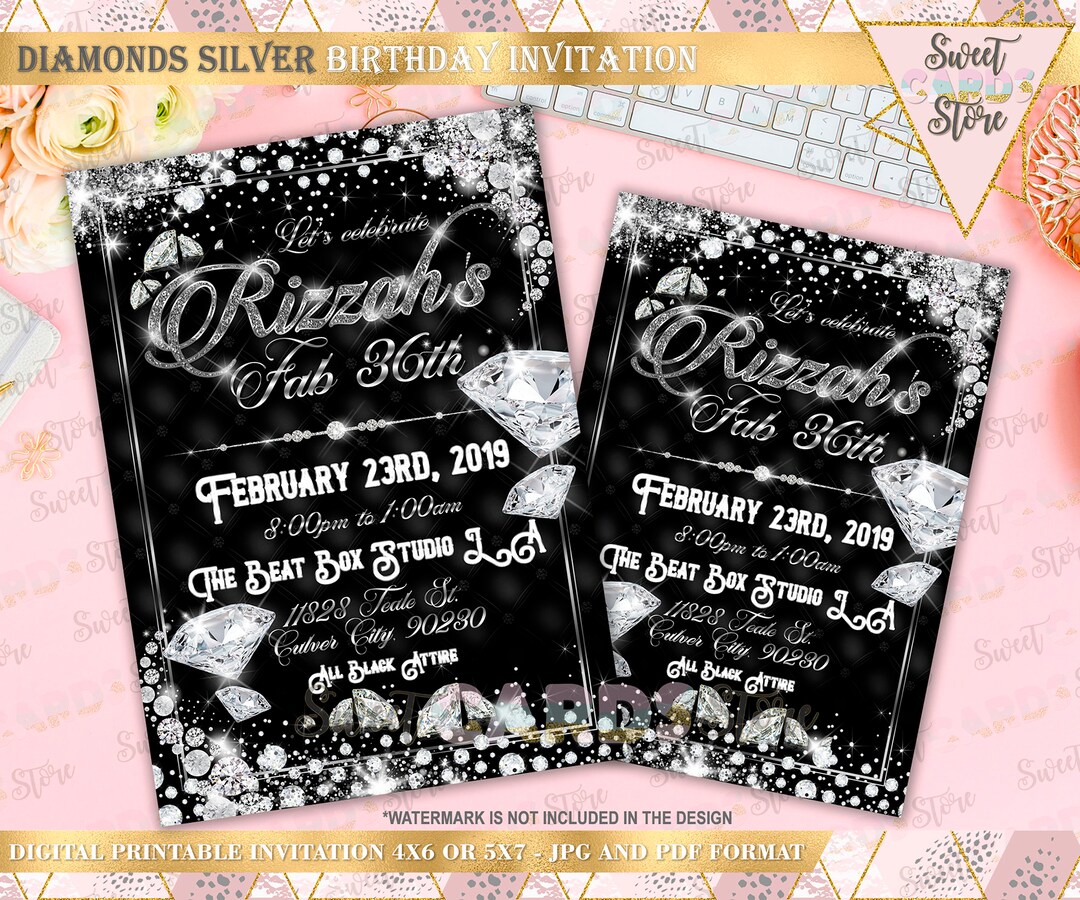 Diamonds Invitation, Black Silver Diamonds Birthday Party Invitation ...