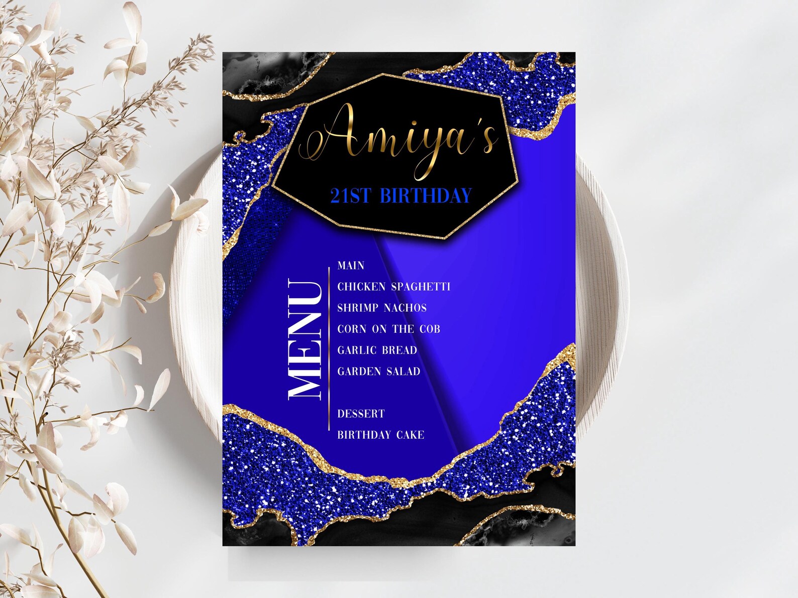 Marble Agate Menu Editable Template Birthday Party Menu Insert Blue ...