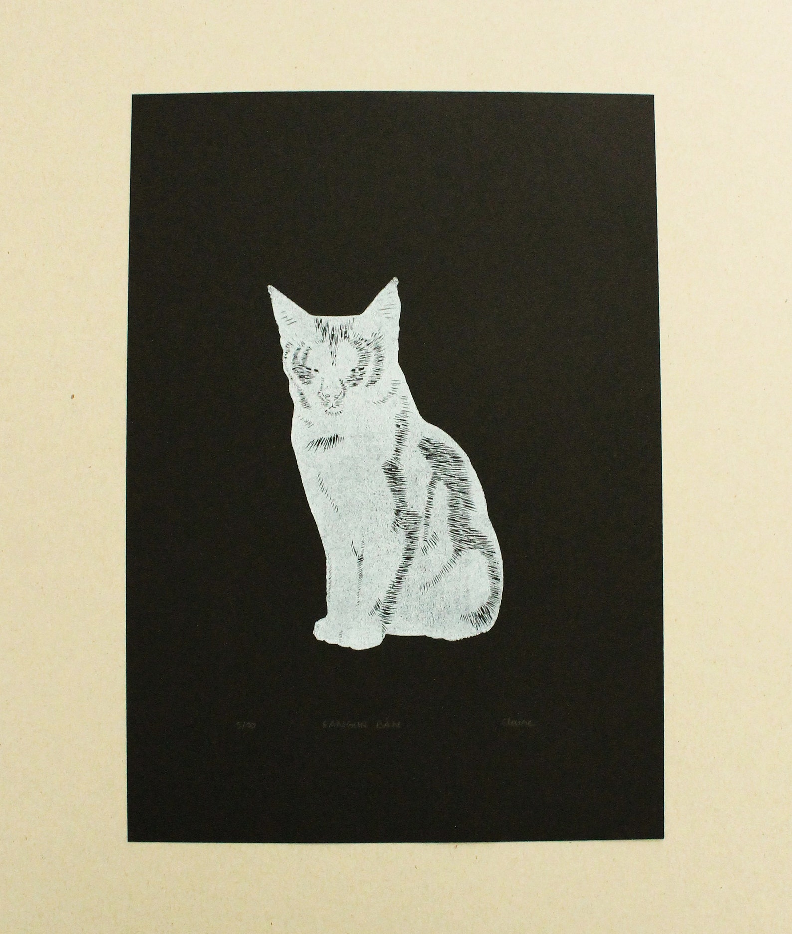 Linocut Pangur Bán, White Cat Linoprint, Irish Cat Poster, Familiar Cat ...