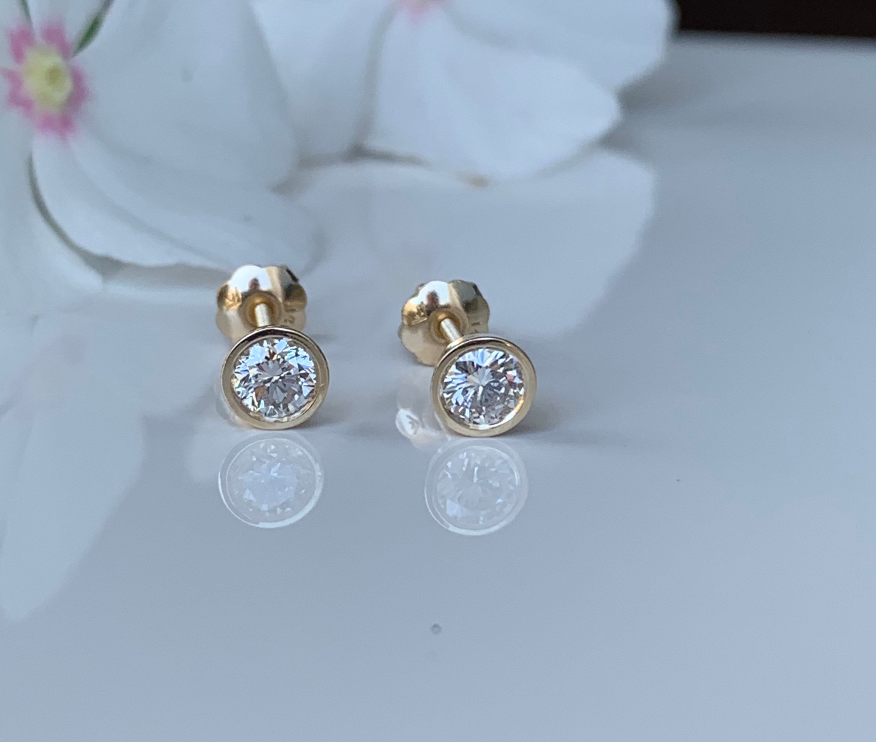 Diamond Bezel Set Stud Earring in 14k Yellow Gold - Etsy