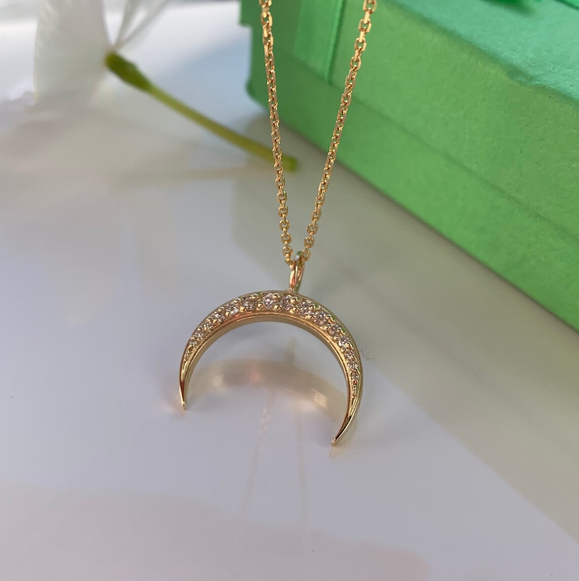 Crescent Moon Diamond Pendant Necklace in 14k Yellow Gold. - Etsy
