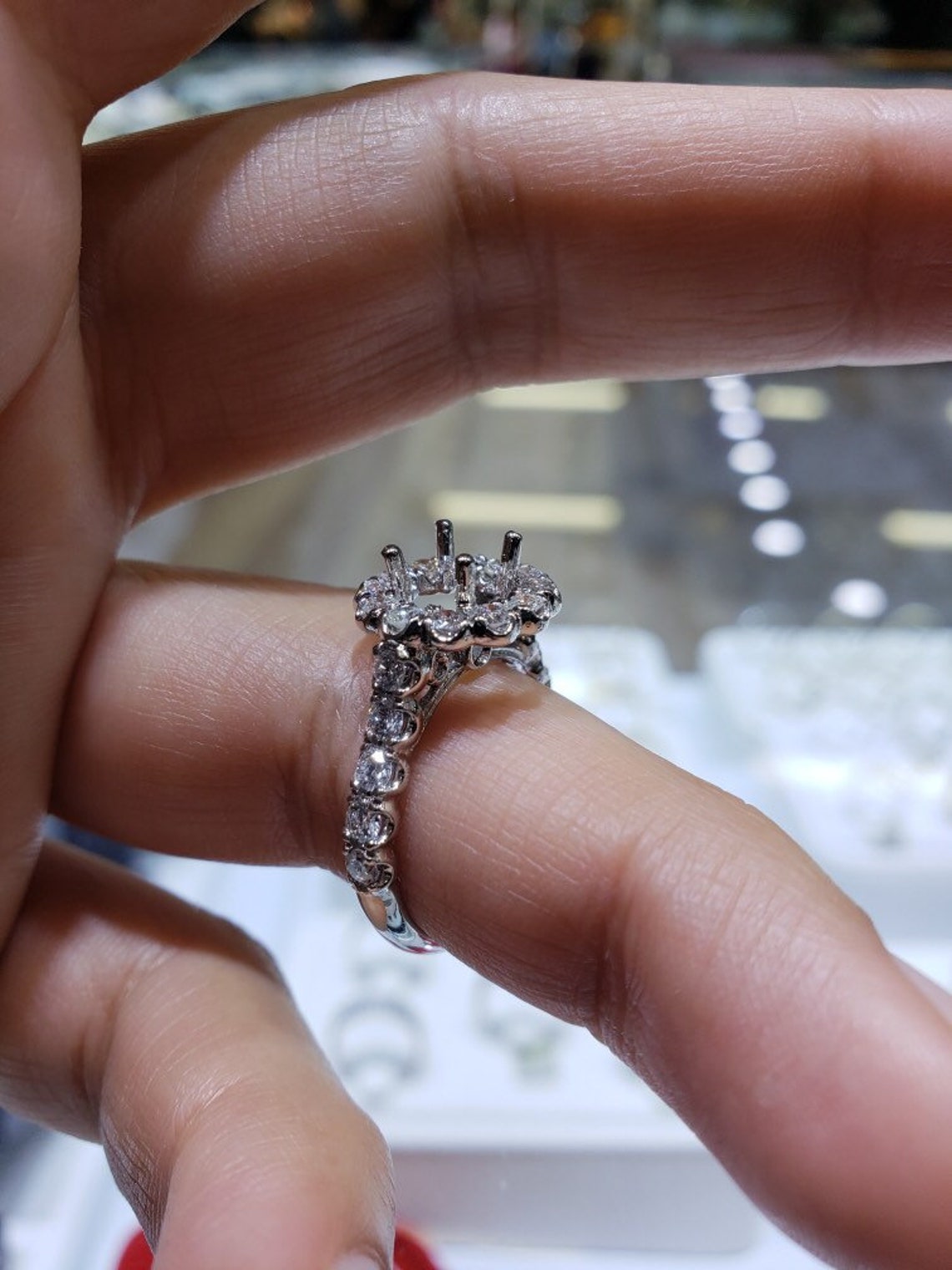 14k White Gold Halo Diamond Semi Mount Engagement Ring . - Etsy