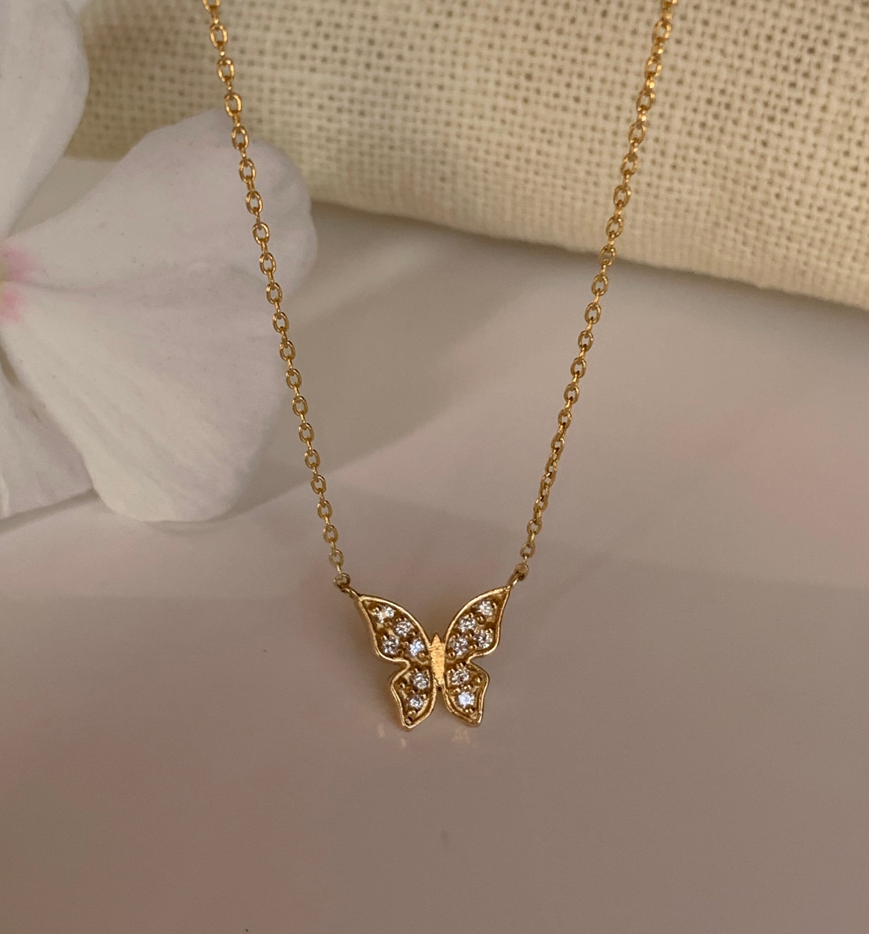 Diamond Butterfly Pendant Necklace in 14k Yellow Gold | Etsy