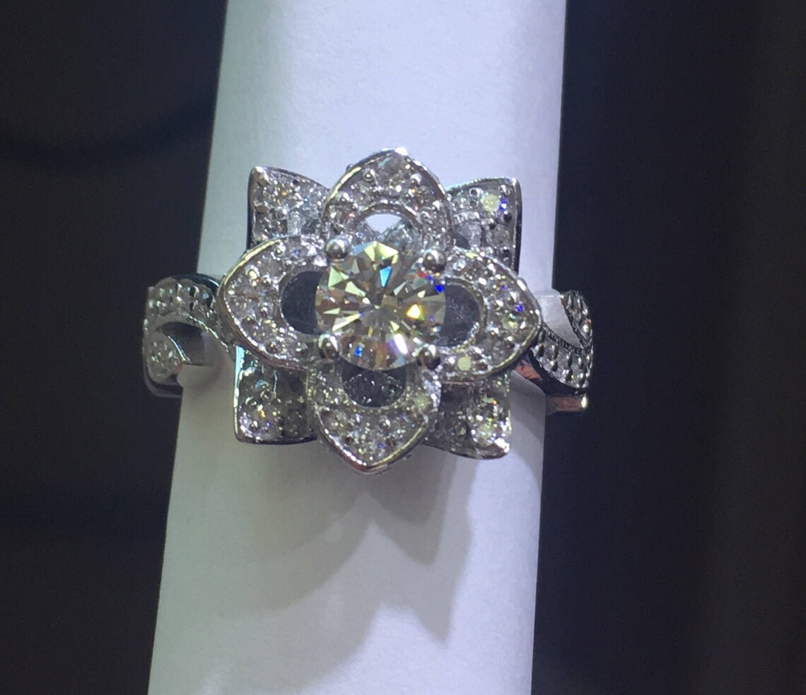 14k Rose Design diamond engagement ring | Etsy