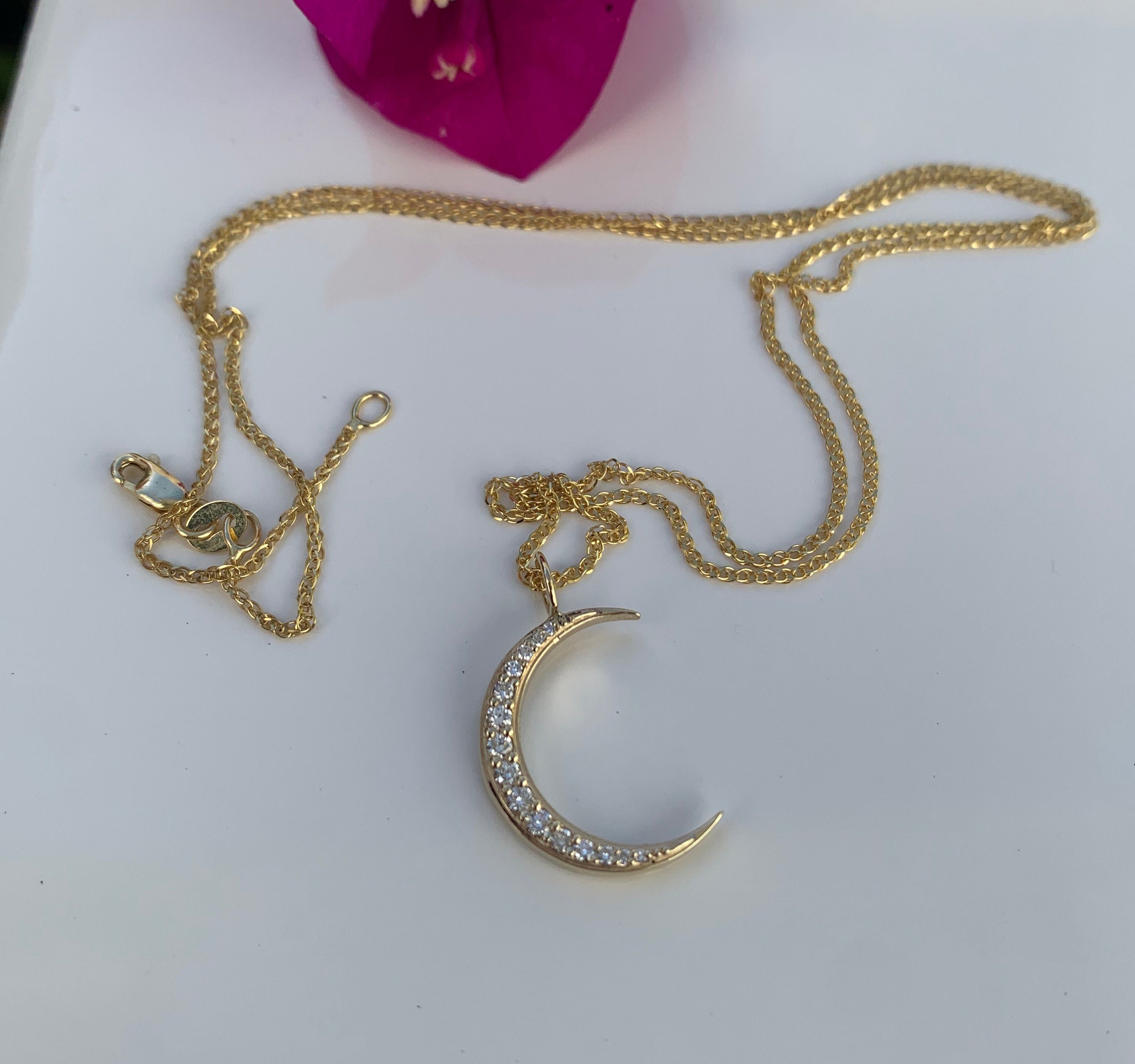 Crescent Moon Diamond Pendant Necklace in 14k Yellow Gold . - Etsy