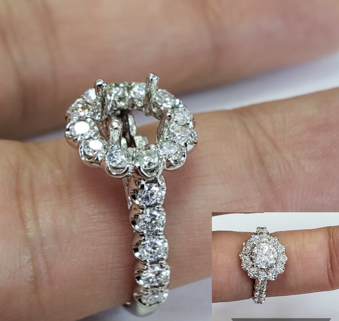 14k White Gold Halo Diamond Semi Mount Engagement Ring . - Etsy
