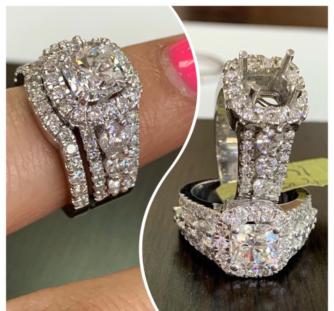 14k White Gold Diamond Semi Mount Halo Engagement Ring Setting Set . - Etsy