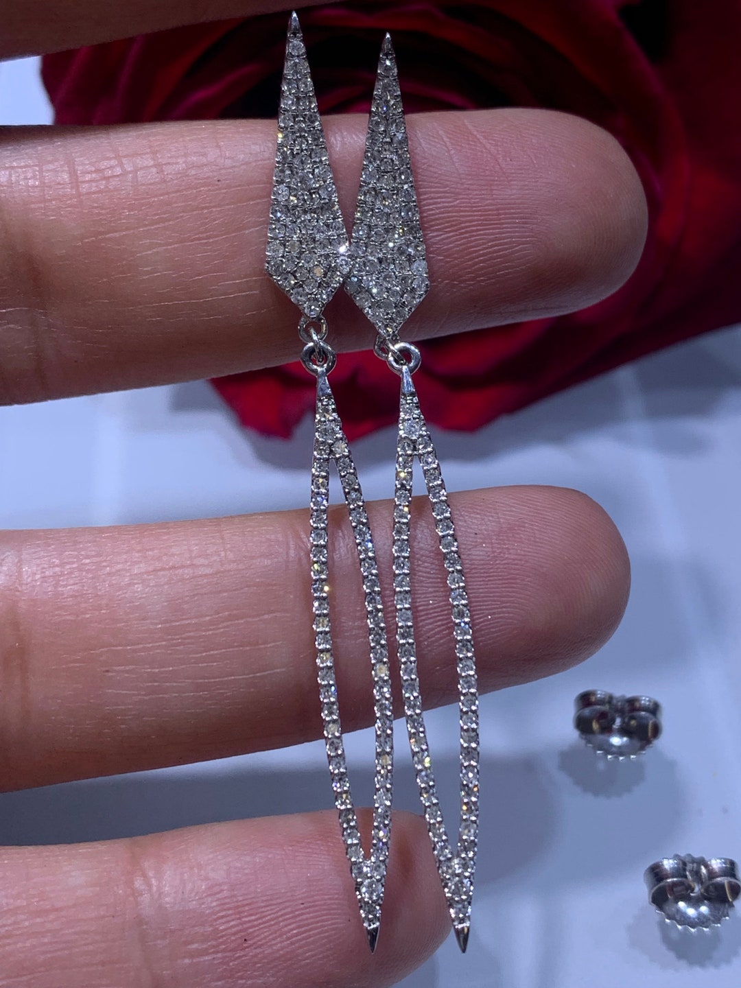 14k White Gold Diamond Dangle Earrings - Etsy