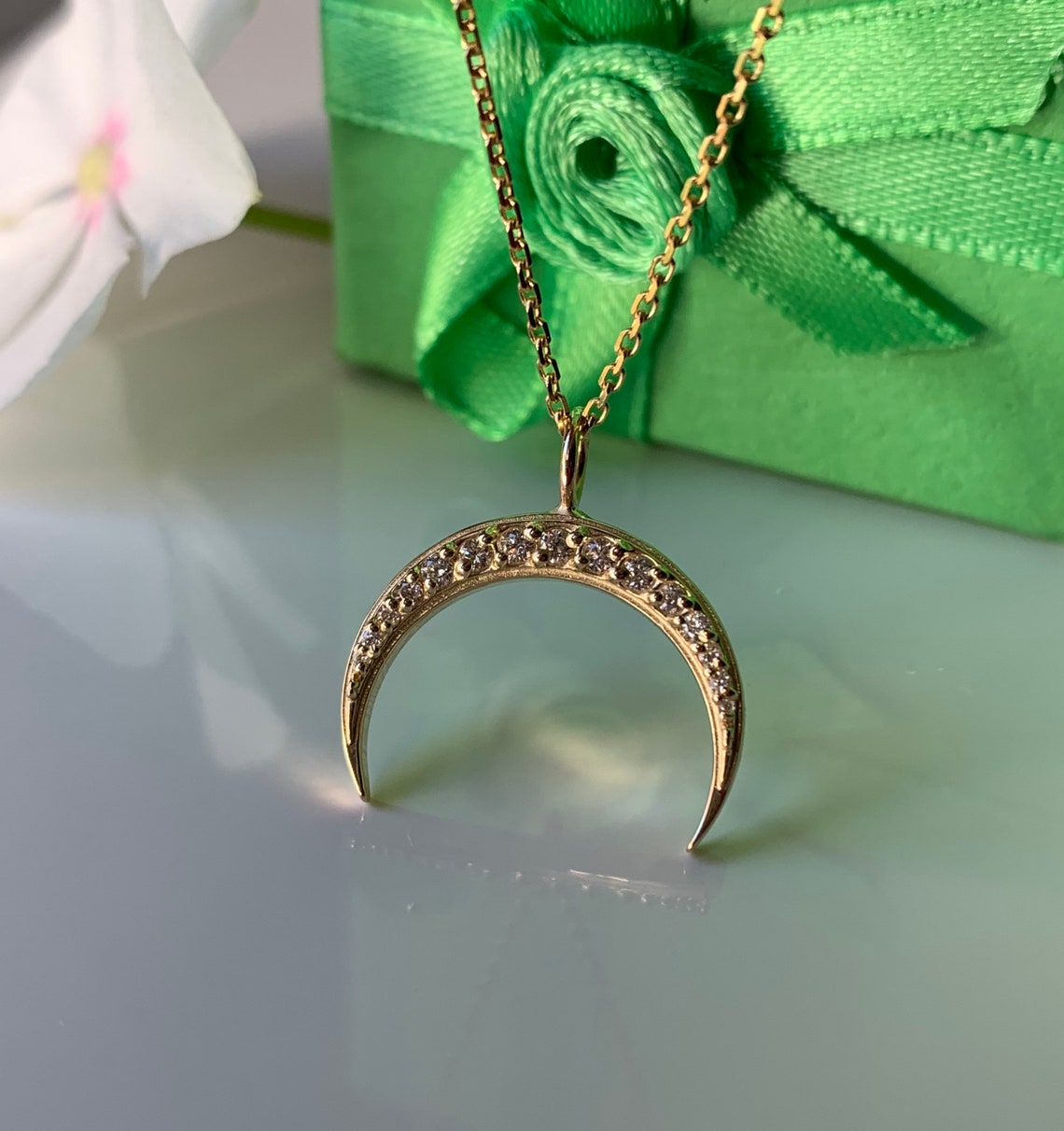 Crescent Moon Diamond Pendant Necklace in 14k Yellow Gold. - Etsy