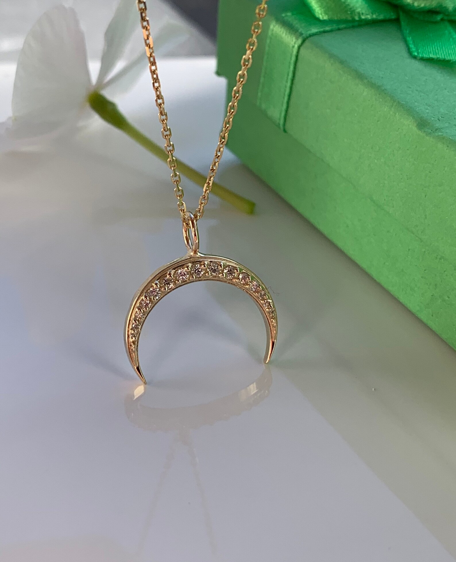 Crescent Moon Diamond Pendant Necklace in 14k Yellow Gold. - Etsy