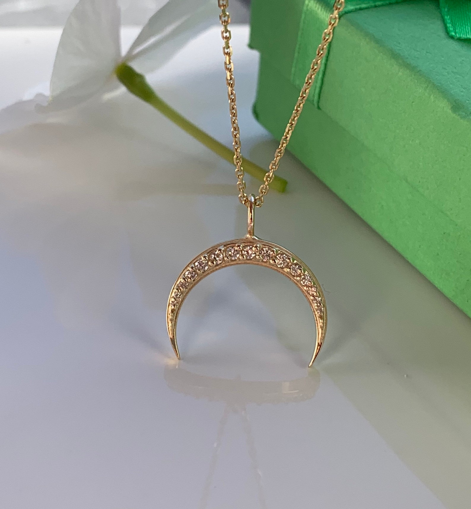 Crescent Moon Diamond Pendant Necklace in 14k Yellow Gold. - Etsy