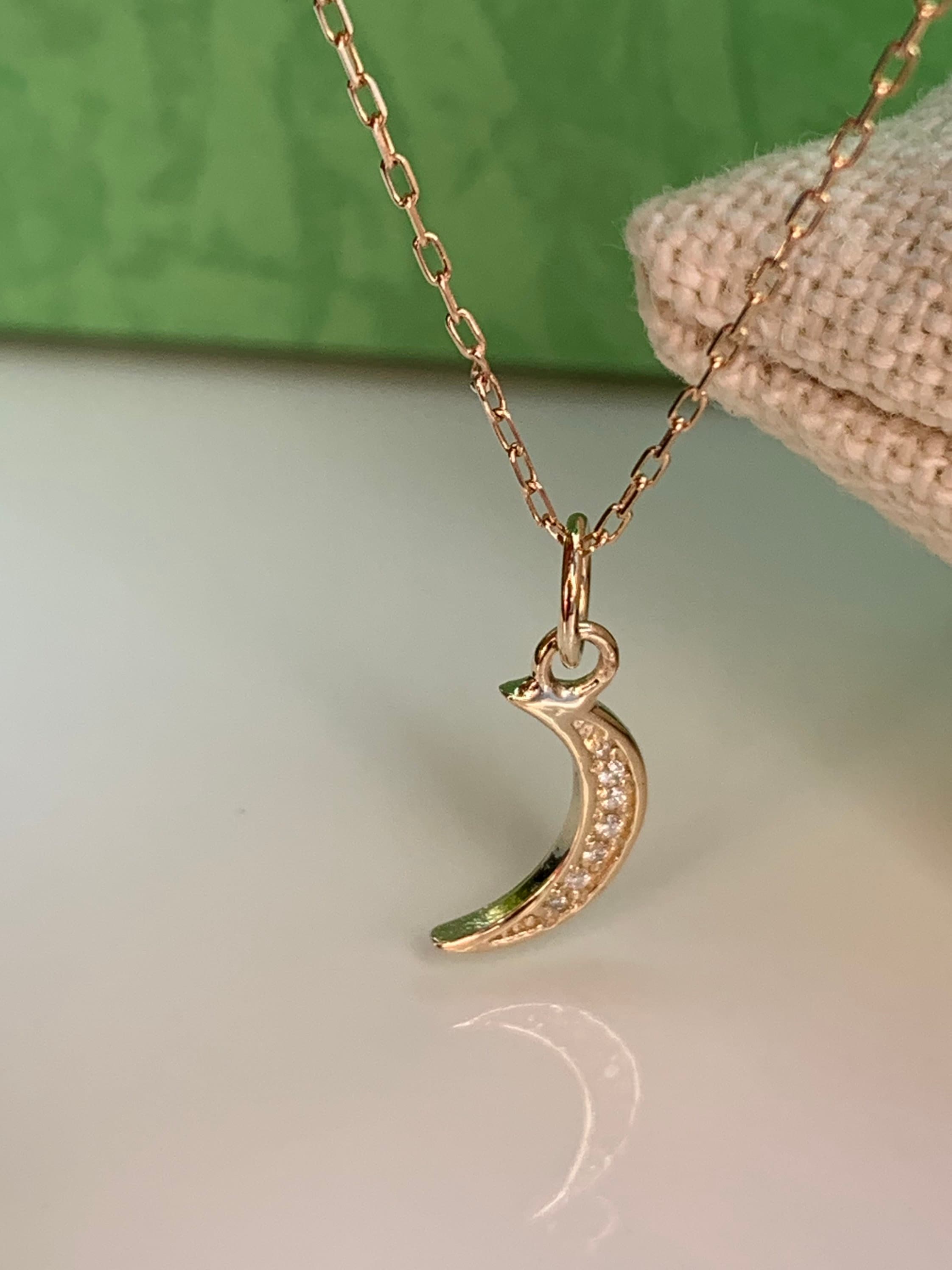 Dainty Diamond Moon Necklace Pendant in 14k yellow gold | Etsy