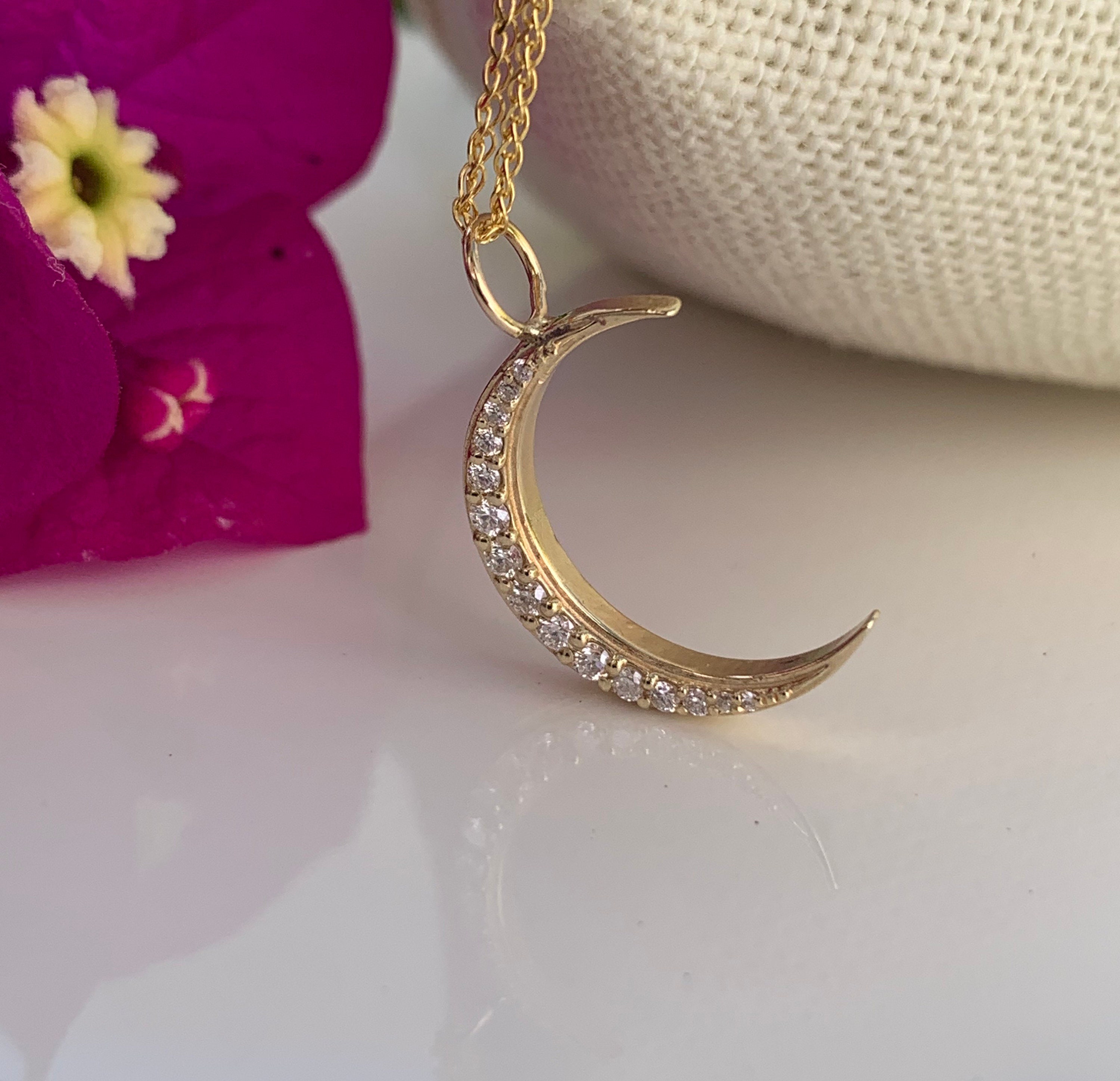 Crescent Moon Diamond Pendant Necklace in 14k Yellow Gold . - Etsy