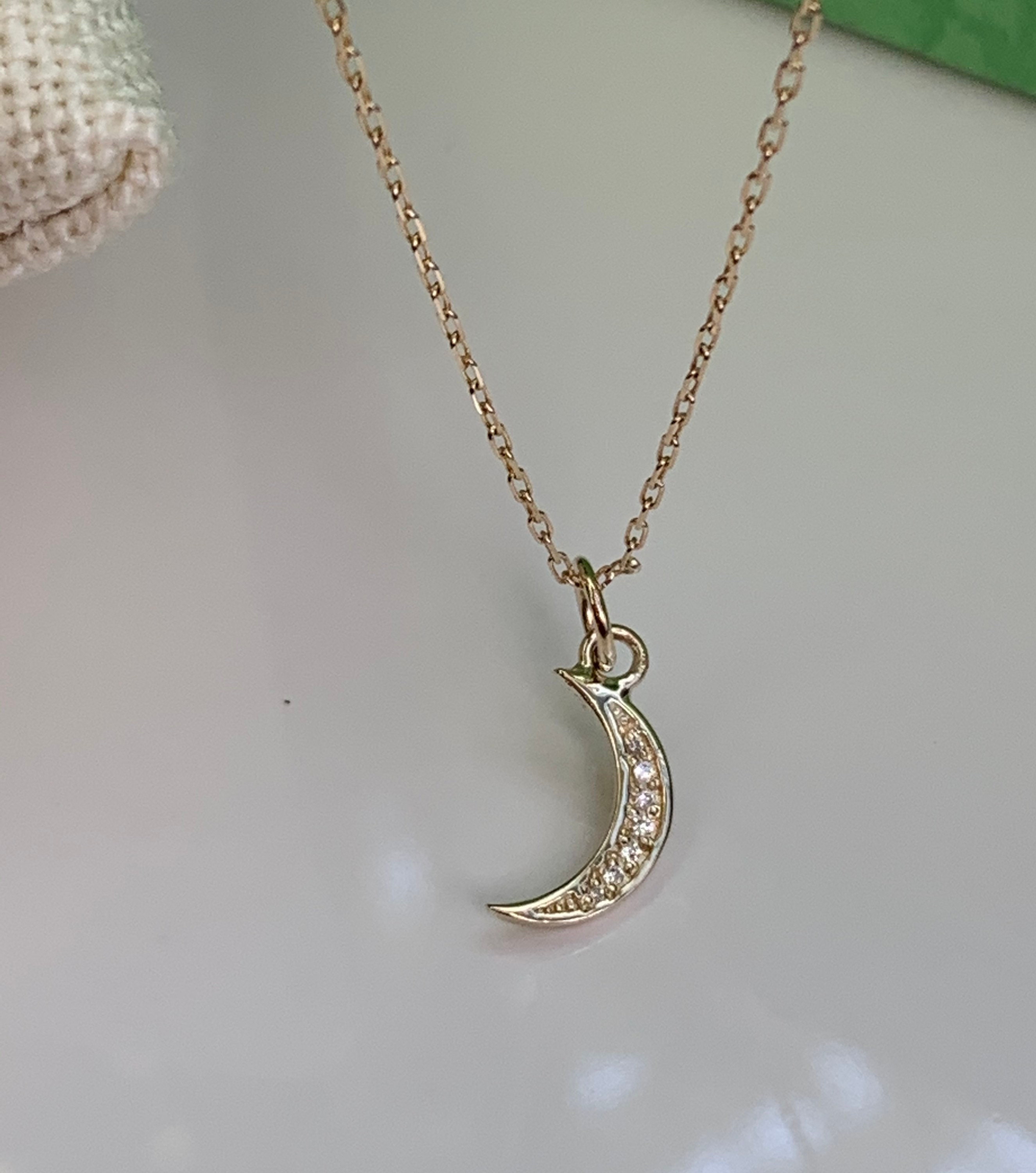 Dainty Diamond Moon Necklace Pendant in 14k yellow gold | Etsy