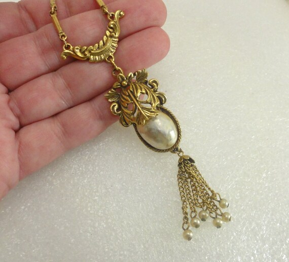 Goldette Victorian Lavalier Barouqe Glass Pearls - Gem