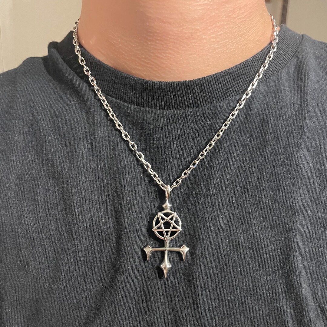 Silver Inverted Cross Pentagram Chain Necklace Satan Satanic Lucifer ...