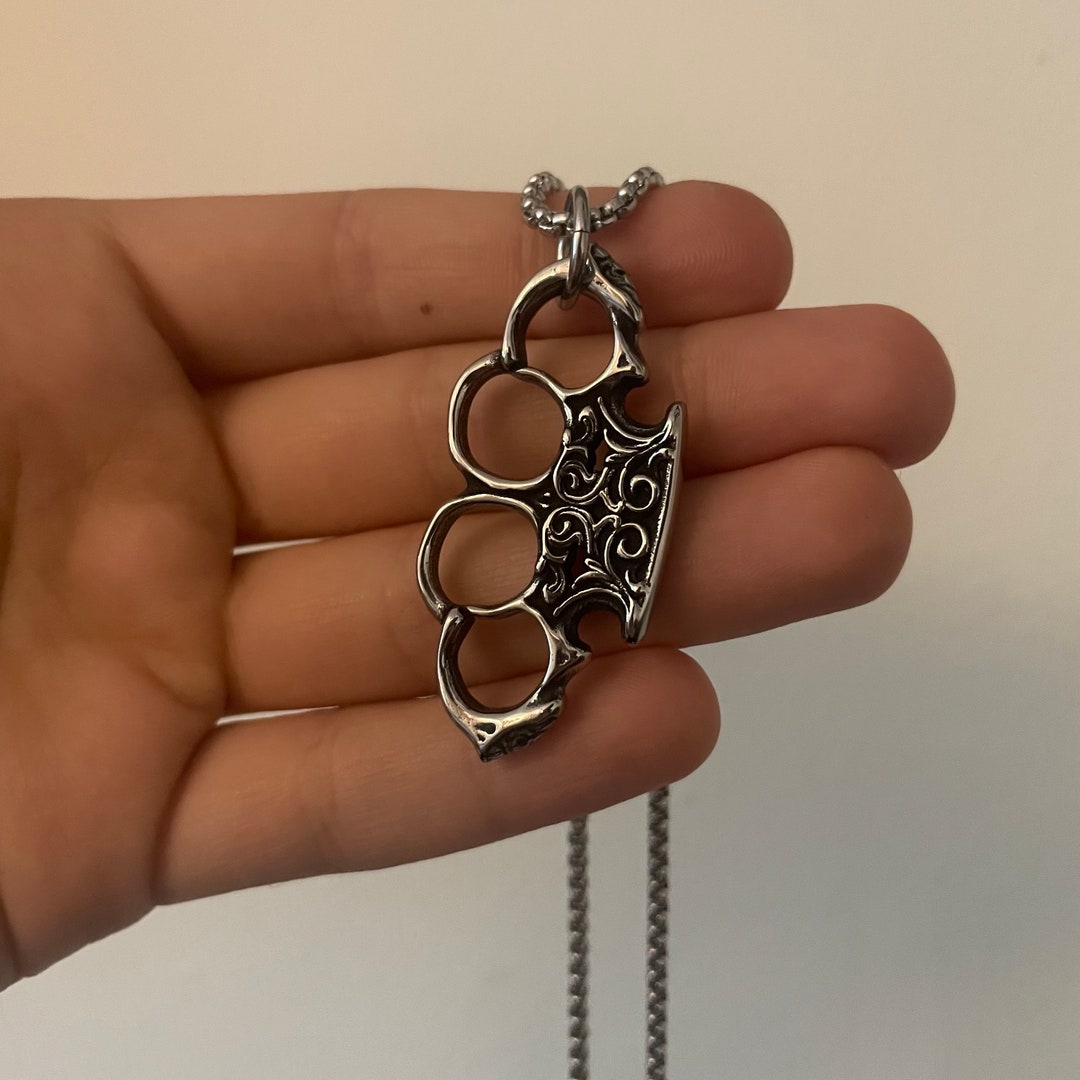 Silver Brass Knuckles Knuckleduster Pendant Necklace Stainless Steel ...