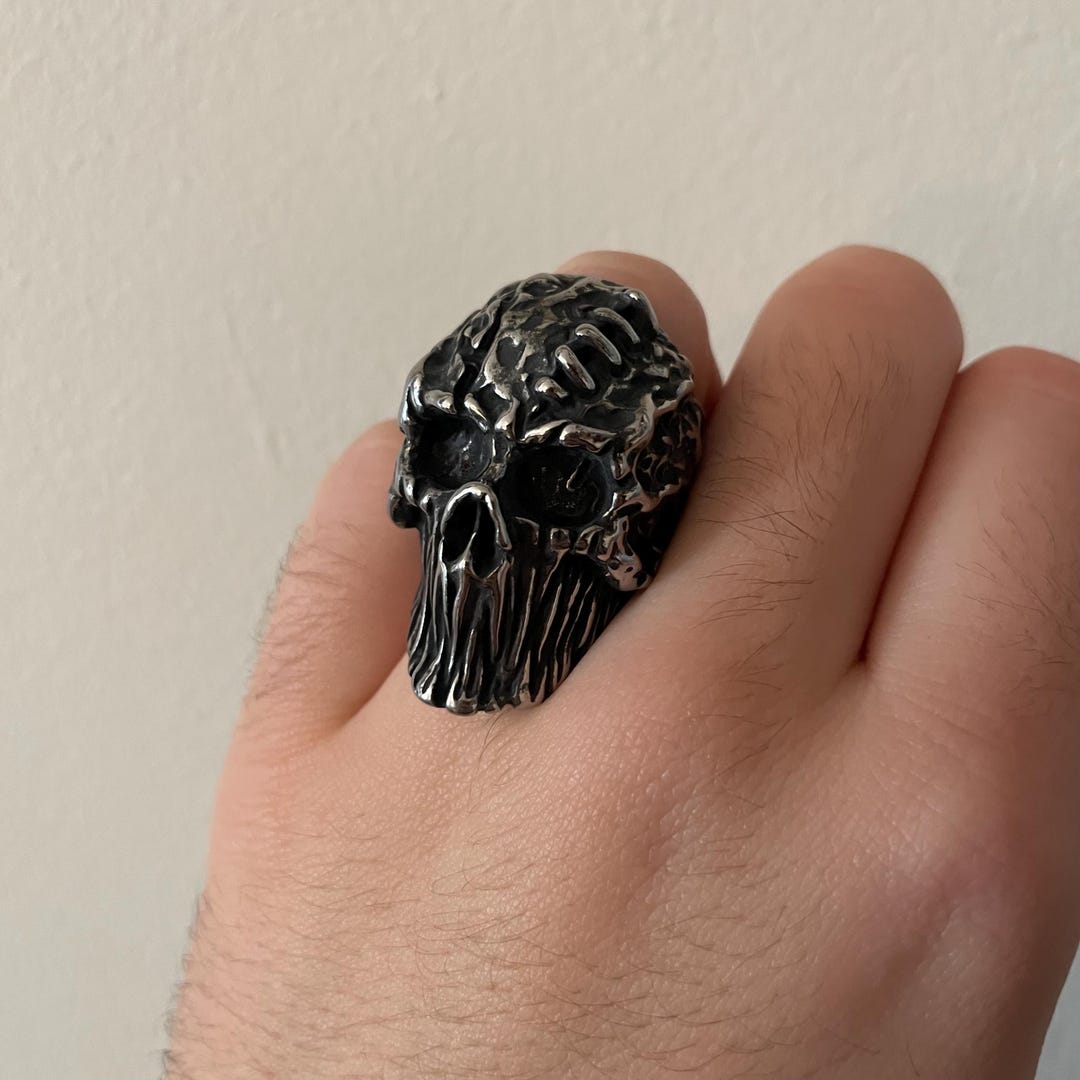 Silver Frankenstein Skull Ring Mens Biker Horror Ghoul Fantasy Ring Stainless Steel Rings Goth ...