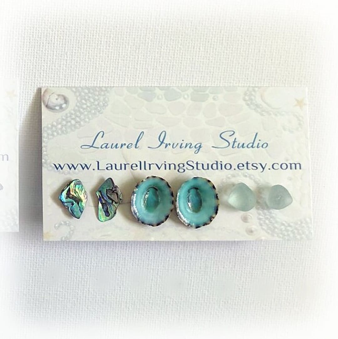 Genuine Sea Glass Stud Earrings | Blue Limpet Shell Earrings | Abalone ...
