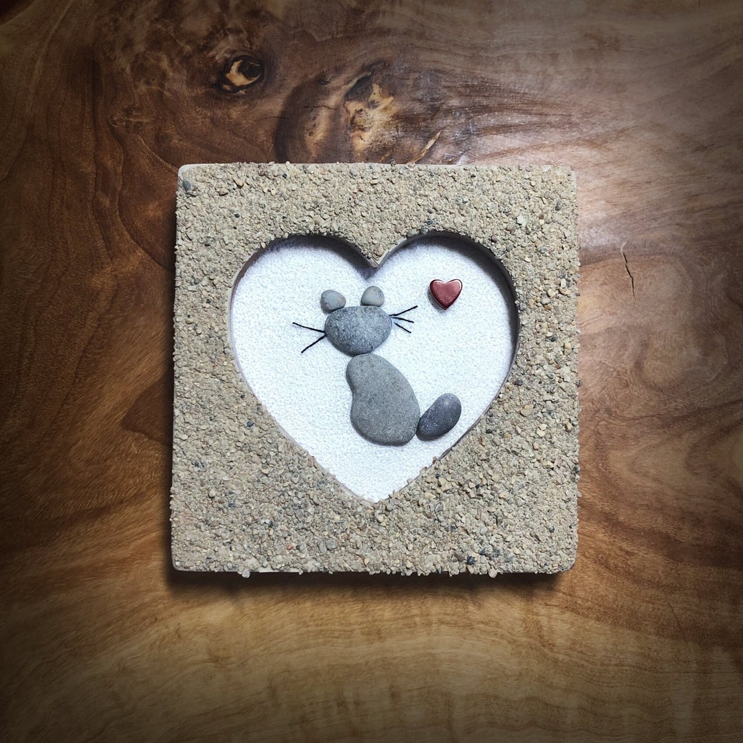 CAT & Heart Pebble Art 3x3 MINIATURE Heart Frame Pet Gift Cat Memorial ...