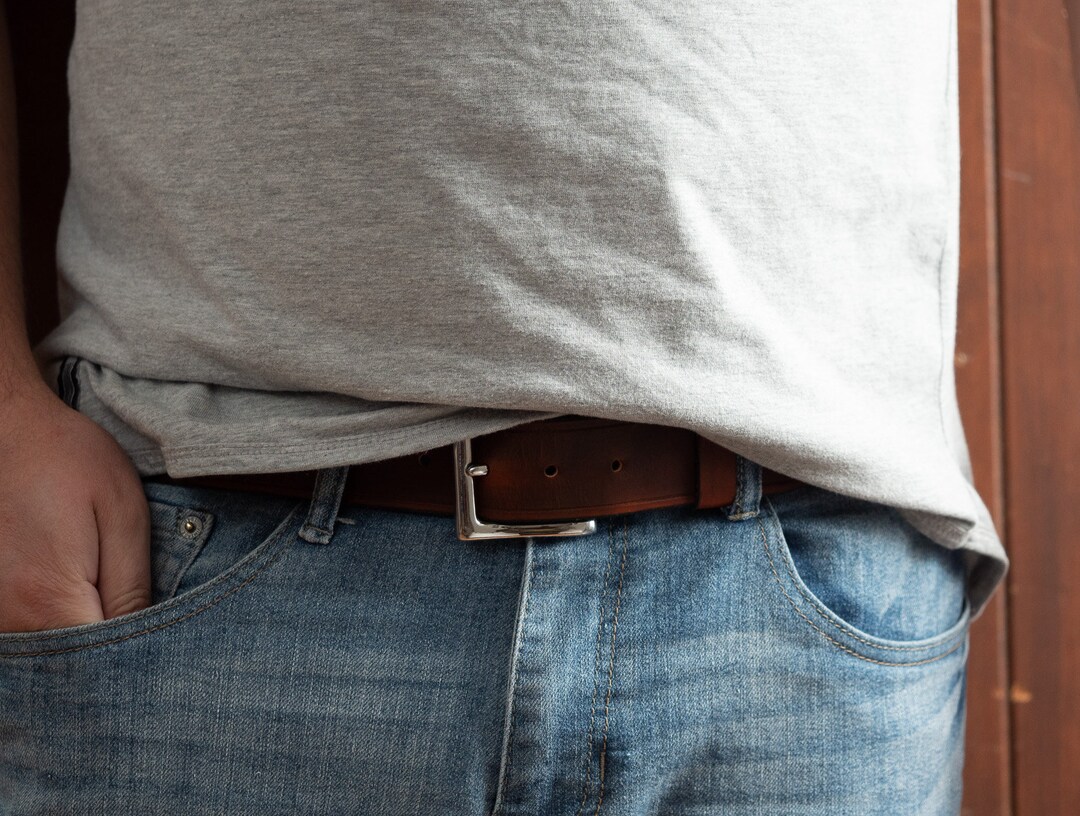 Moccasin Brown Leather Belt With Square Nickel Buckle Handmade Full ...