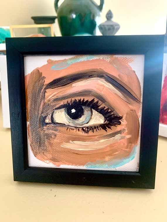Whimsical Eye original painting art canvas frame mini blue | Etsy