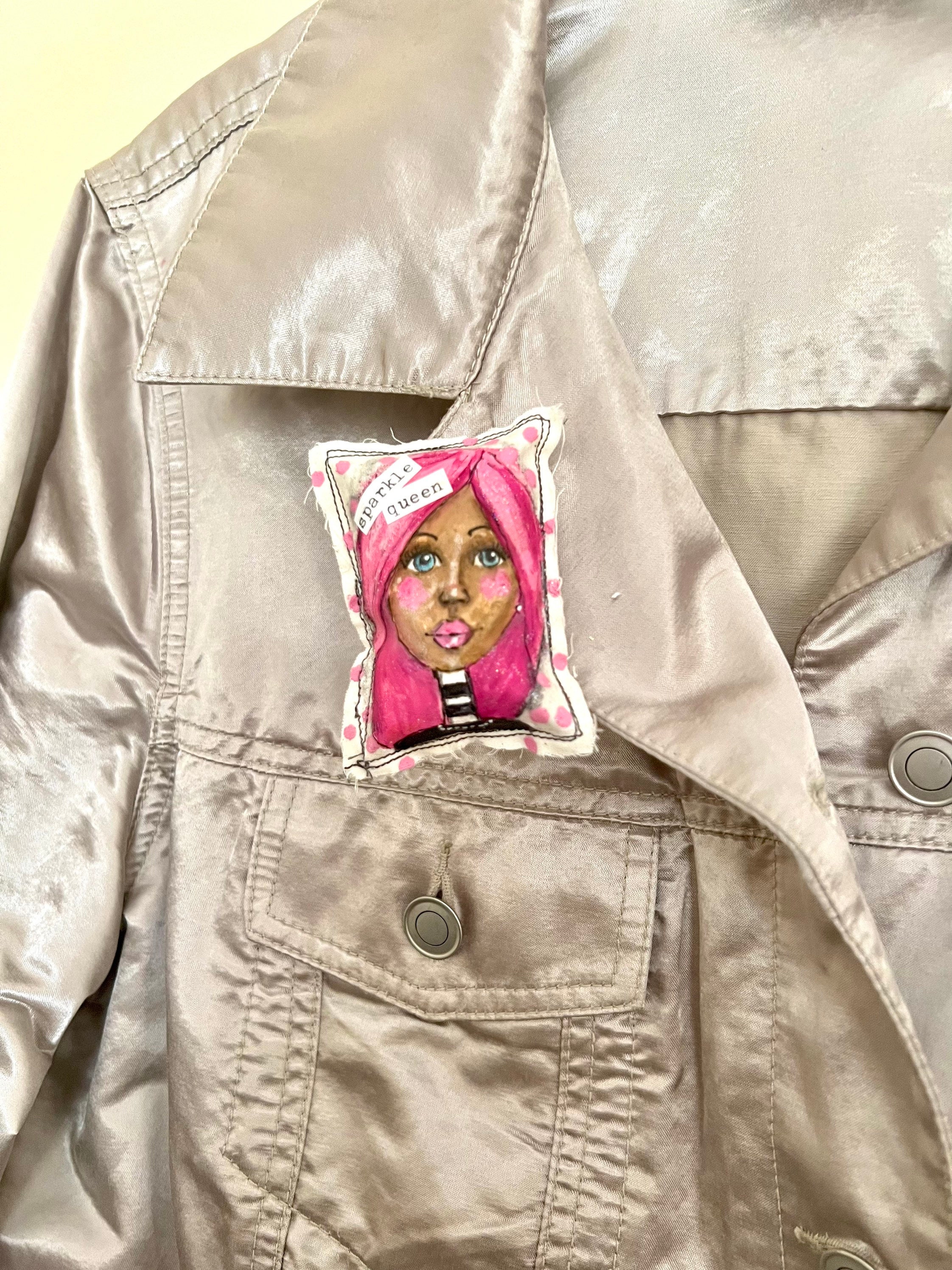 Sparkle Queen Soft Sculpture Pin Brooch Fabric Painted Whimsical Face ...