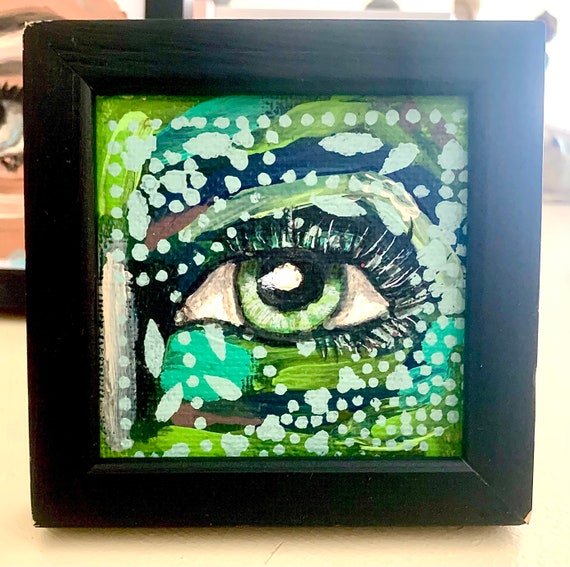 Whimsical Eye Original Painting Art Canvas Frame Mini Green - Etsy