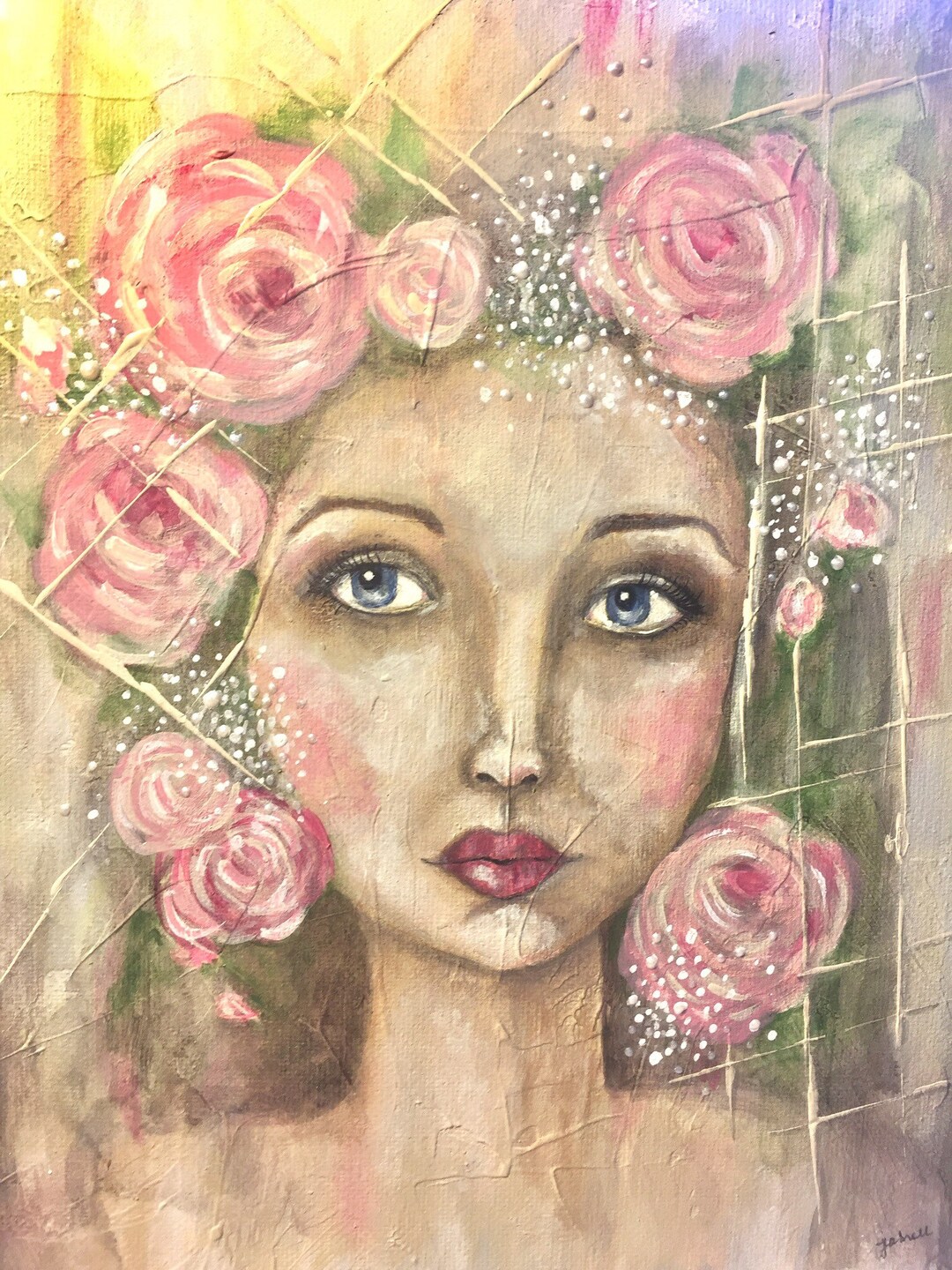 Original Acrylic Painting Roses Girl on Recycled Art Frame Mixed Media ...