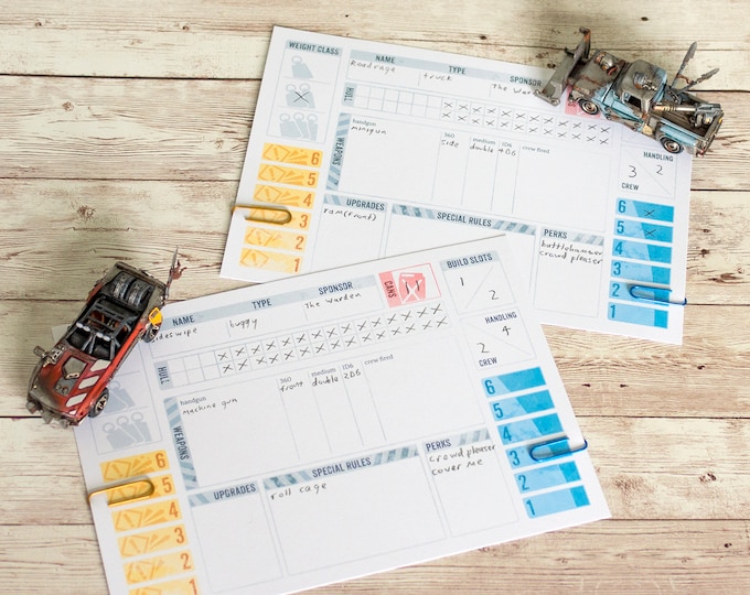 A5 Gaslands Vehicle Cards Set of 10 Dashboards for Post Apocalyptic Sci ...