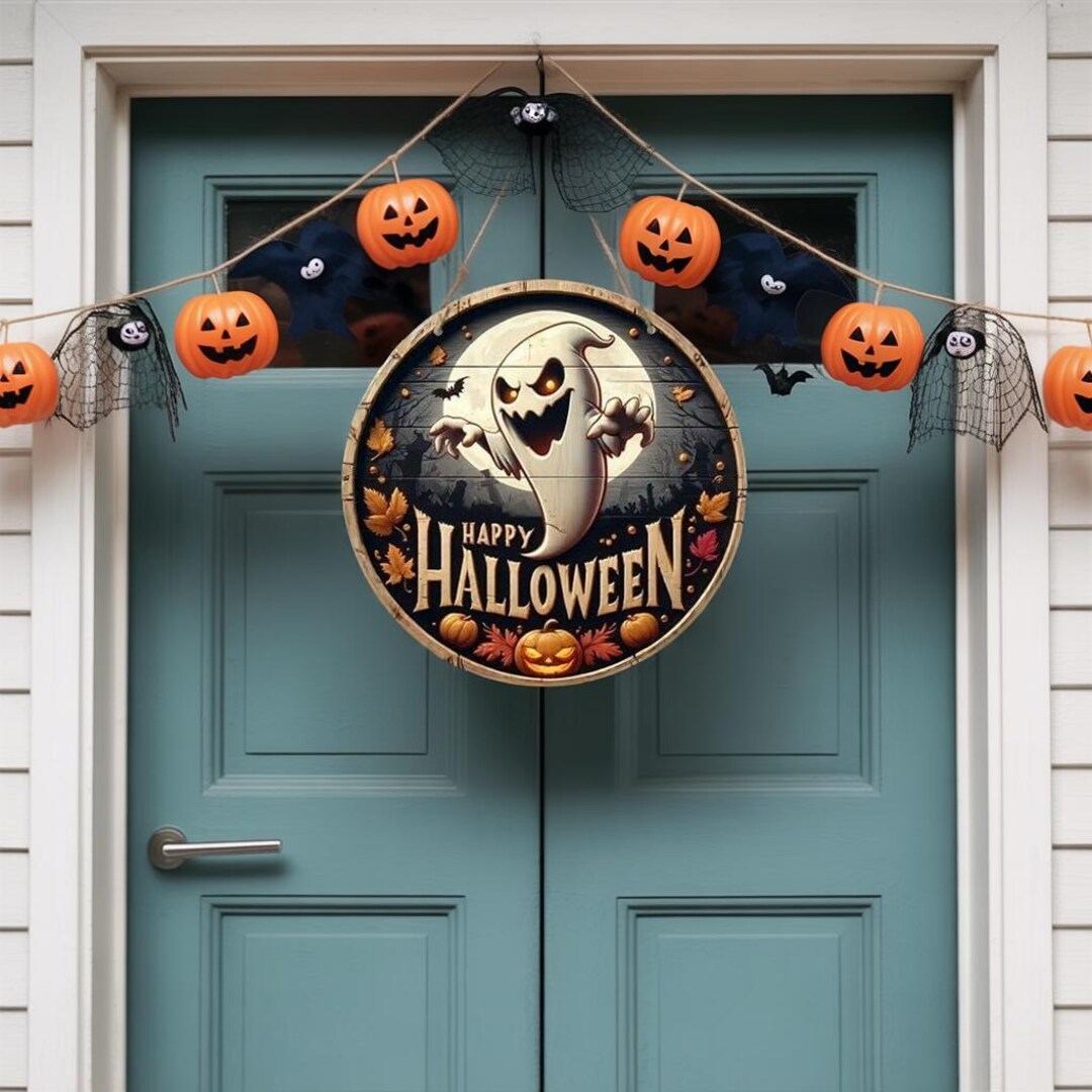 Scary Ghost Halloween Door Sign – Happy Halloween Round Wooden Door ...