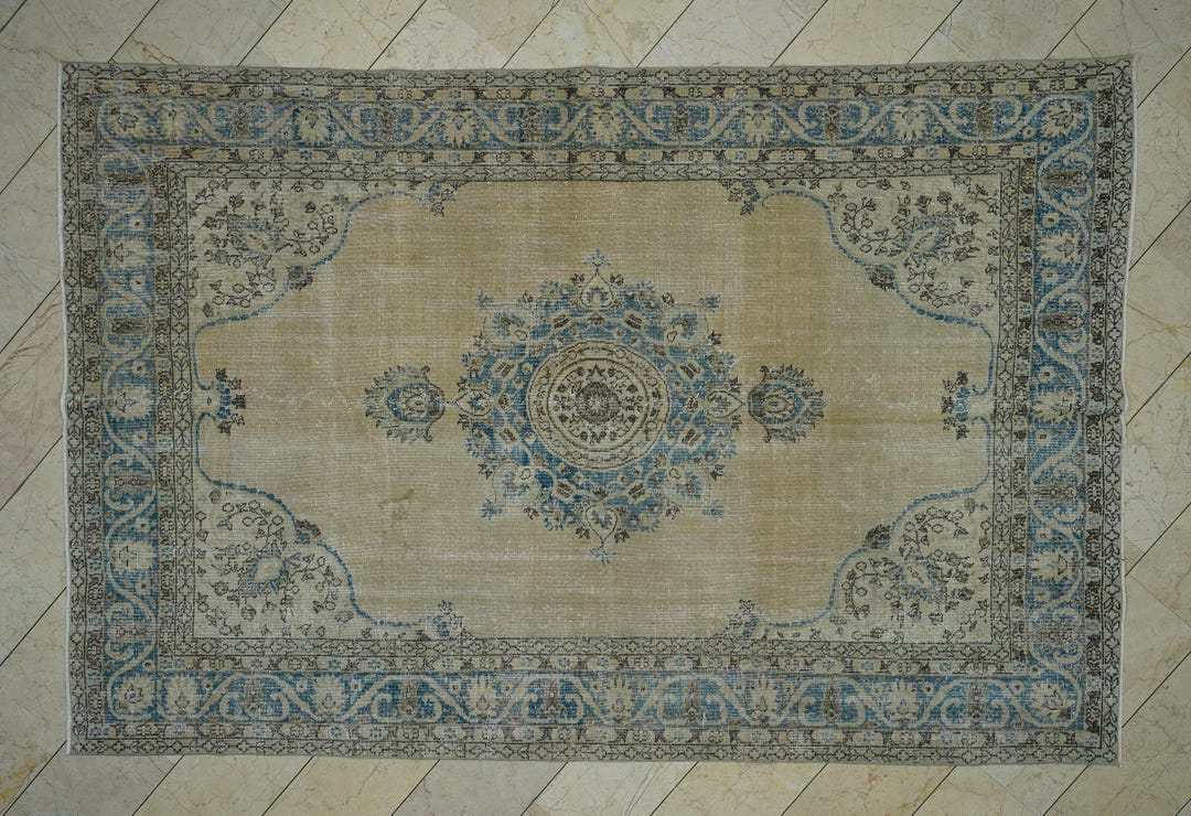 Blue & Chickpeas Colors Large Vintage Oushak Rug: 7x10.6 Ft,farmhouse ...