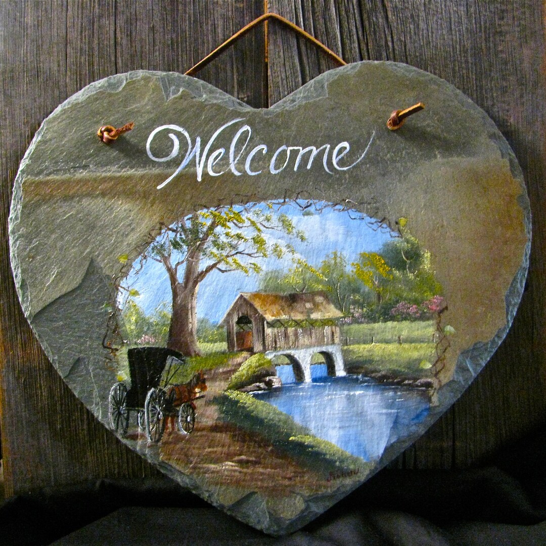 Spring Covered Bridge - 12 Inch Heart Slate - Etsy