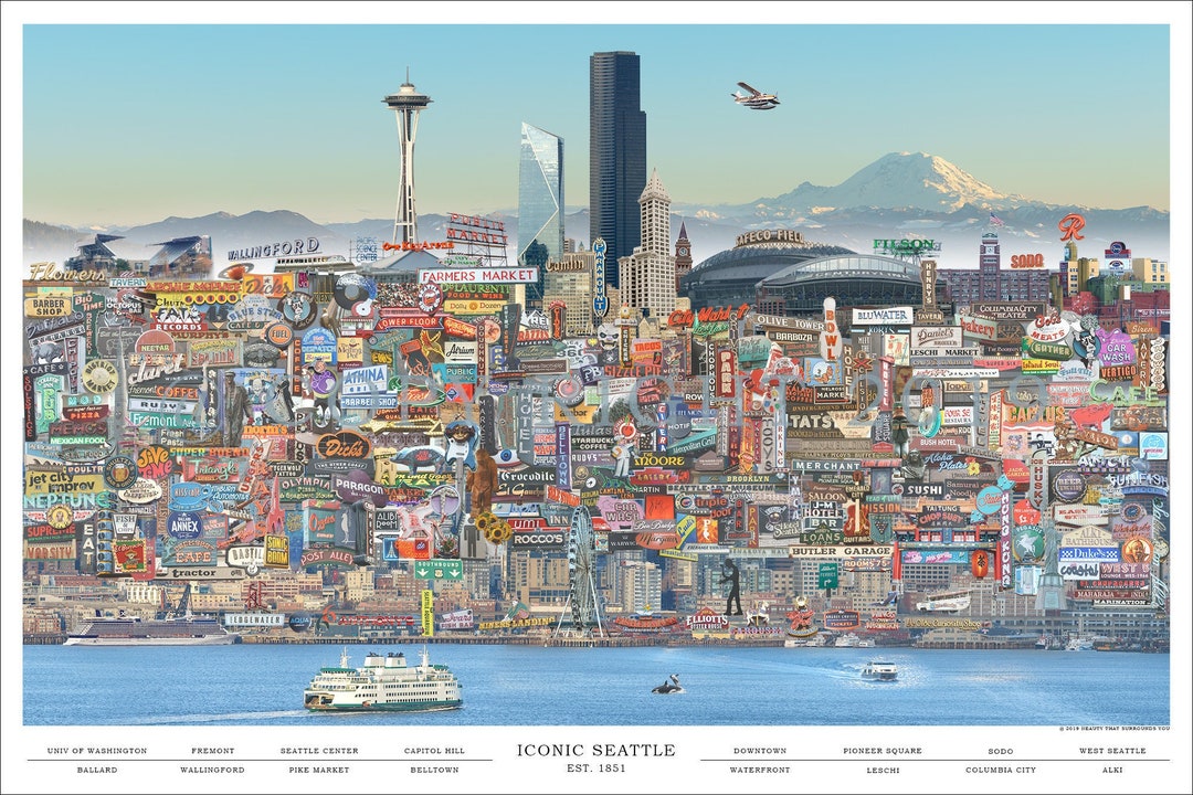 Seattle Cityscape Poster: Iconic Landmarks Photomontage Art - Etsy