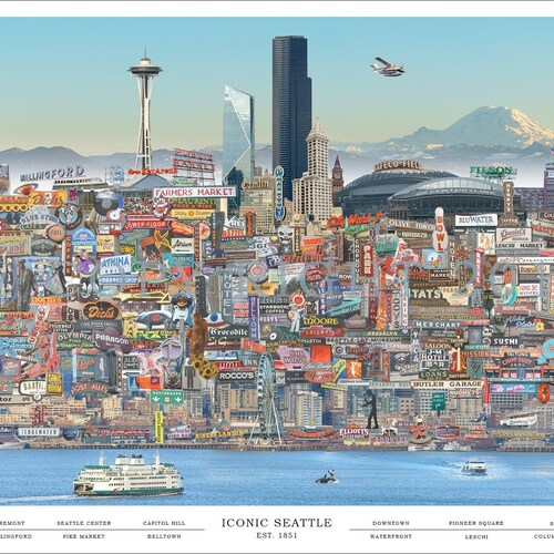Seattle Cityscape Photomontage Poster All the Iconic Places - Etsy