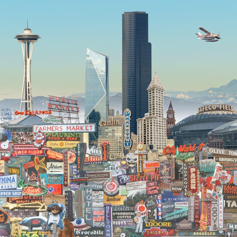Seattle Cityscape Poster: Iconic Landmarks Photomontage Art - Etsy