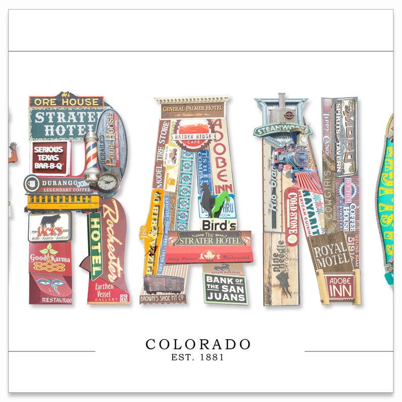 Lettered Durango Photomontage Poster All the Iconic Places of Durango ...