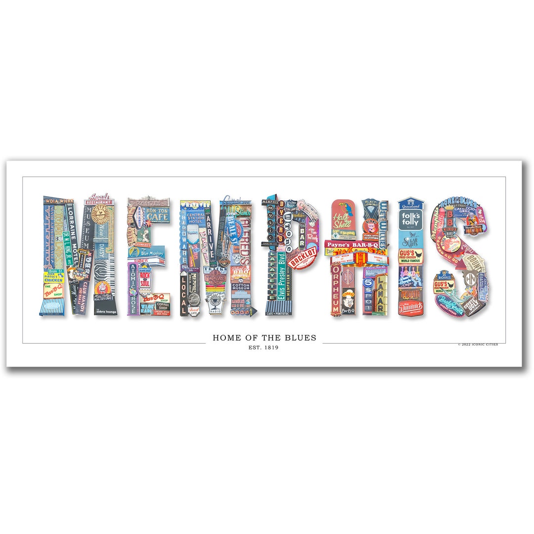 Lettered Memphis Photomontage Poster - All the Iconic Places of Memphis ...