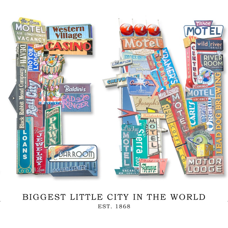 Lettered Reno Photomontage Poster - All the Iconic Places of Reno NV in ...