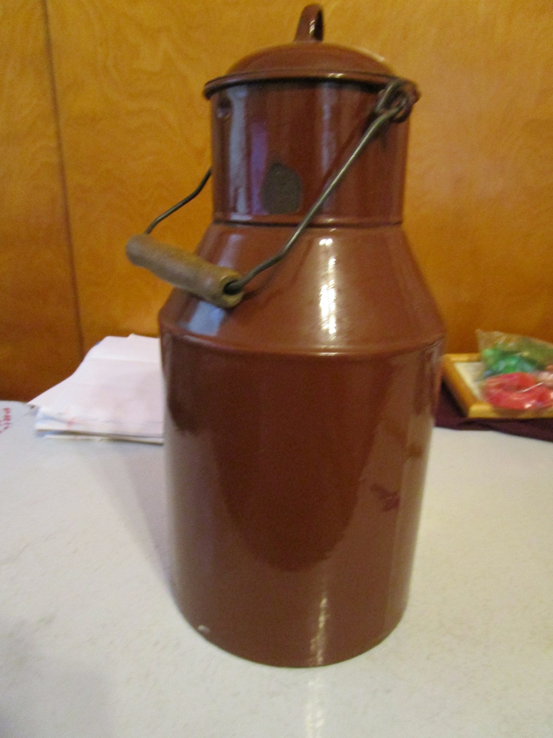 Vintage Brown Milk Pail 14.5" Tall X 7" Diam. Wood Handle on Wire Bail ...