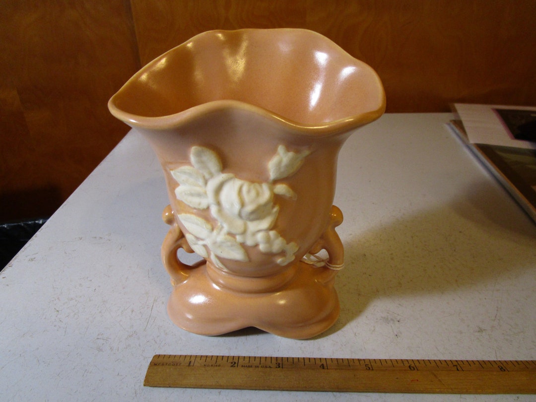 Vintage WELLER Art Pottery Vase Peach With White Cameo Roses and Double ...