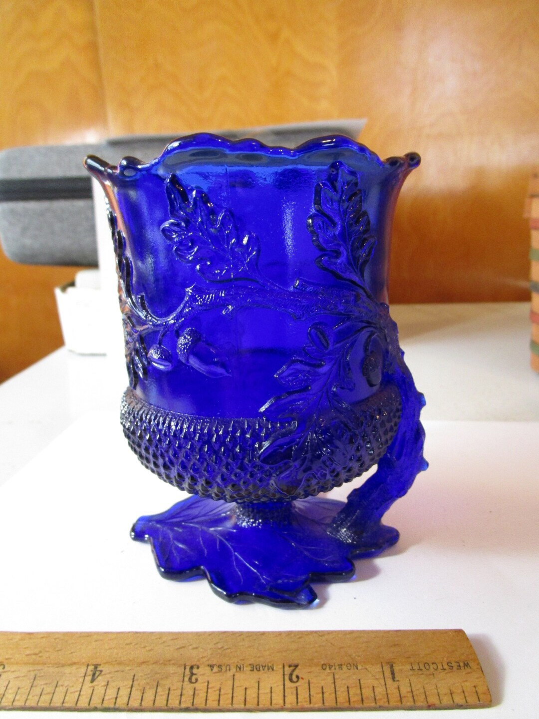 Vintage Colbalt Blue Art Glass, Mosser Acorn Handles Spooner, Oak ...