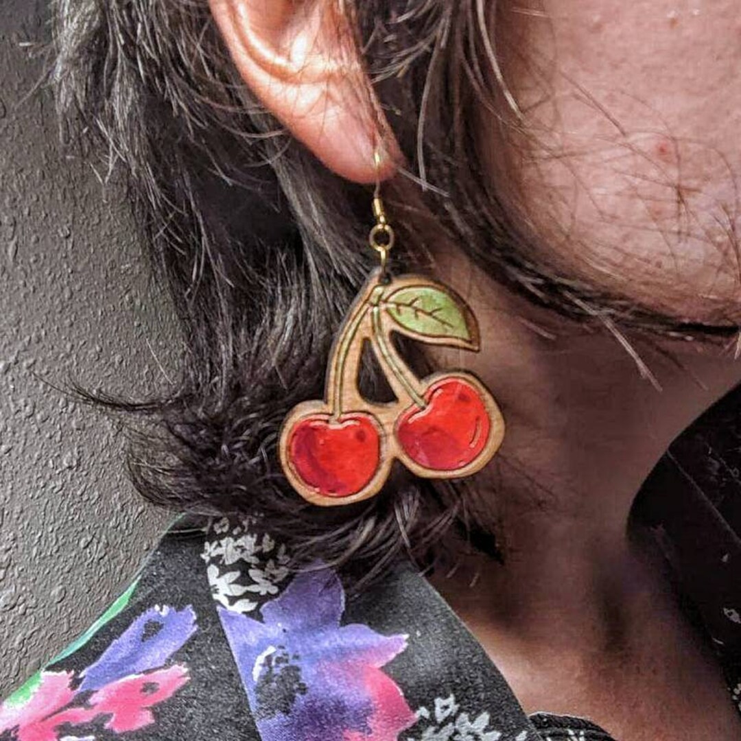 Feeling Fruity - Laser Cut and Engraved Cherry Earrings - Drop Dangle ...